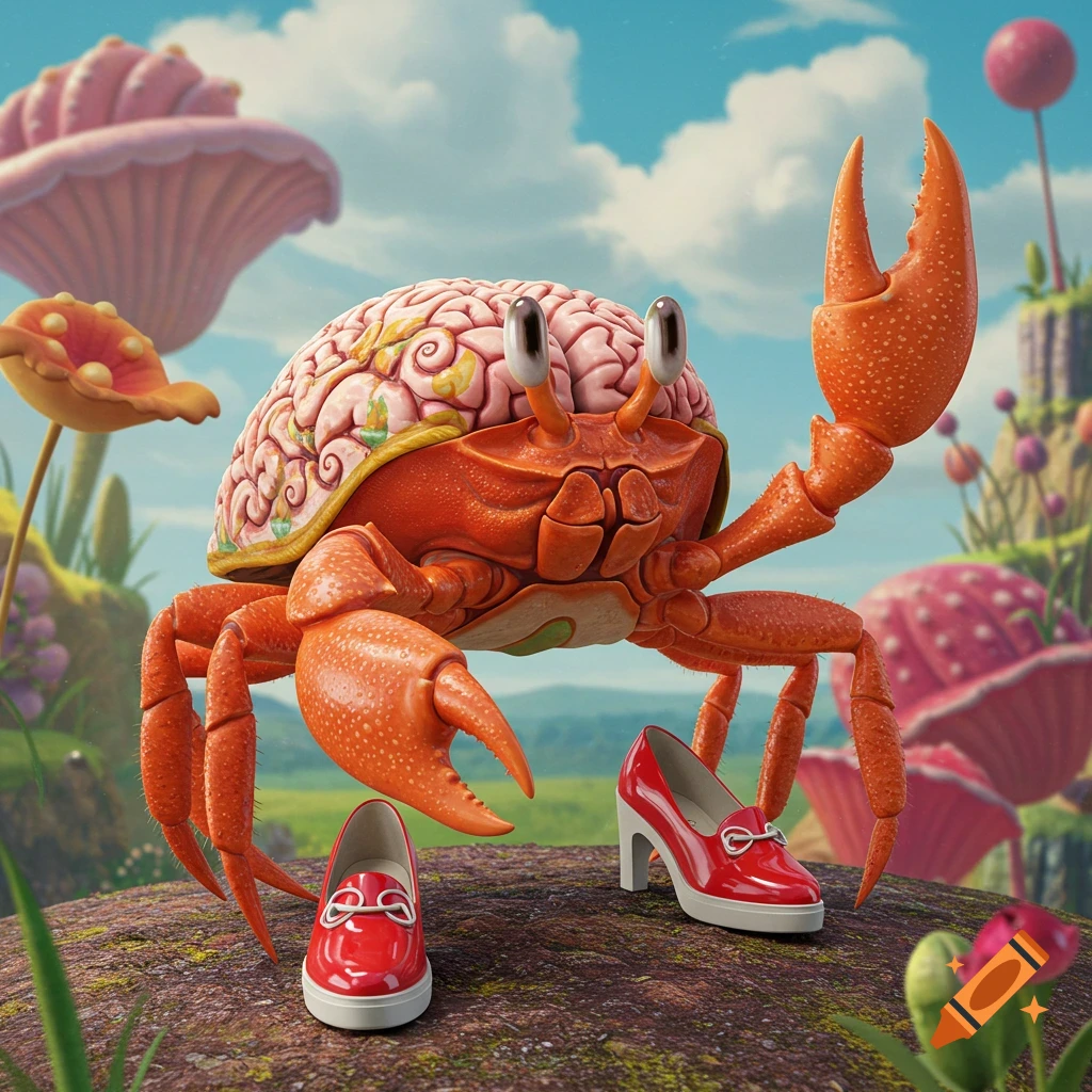A surreal image of a crab with a visible brain wearing red shoes in a ...