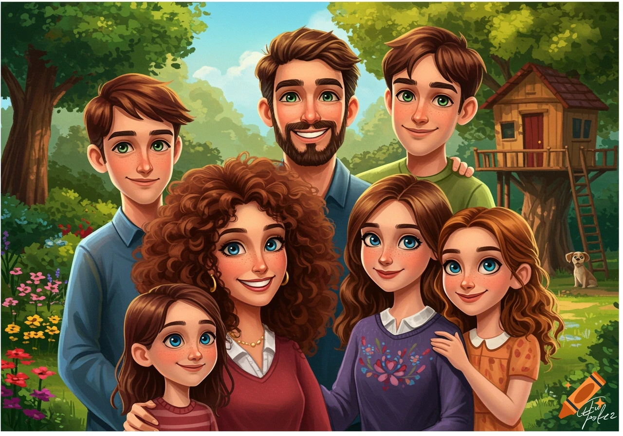Family Portrait in Studio Ghibli Style With Five Daughters and Five ...