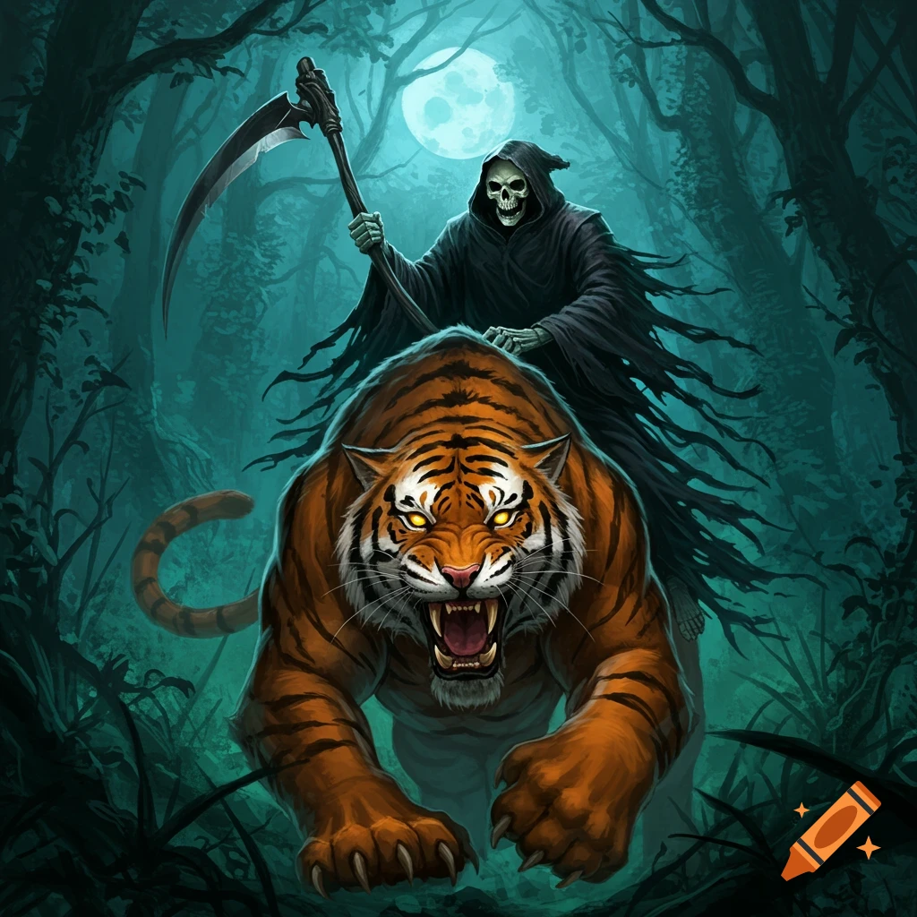 Man confronting monstrous figure in a dark landscape on Craiyon