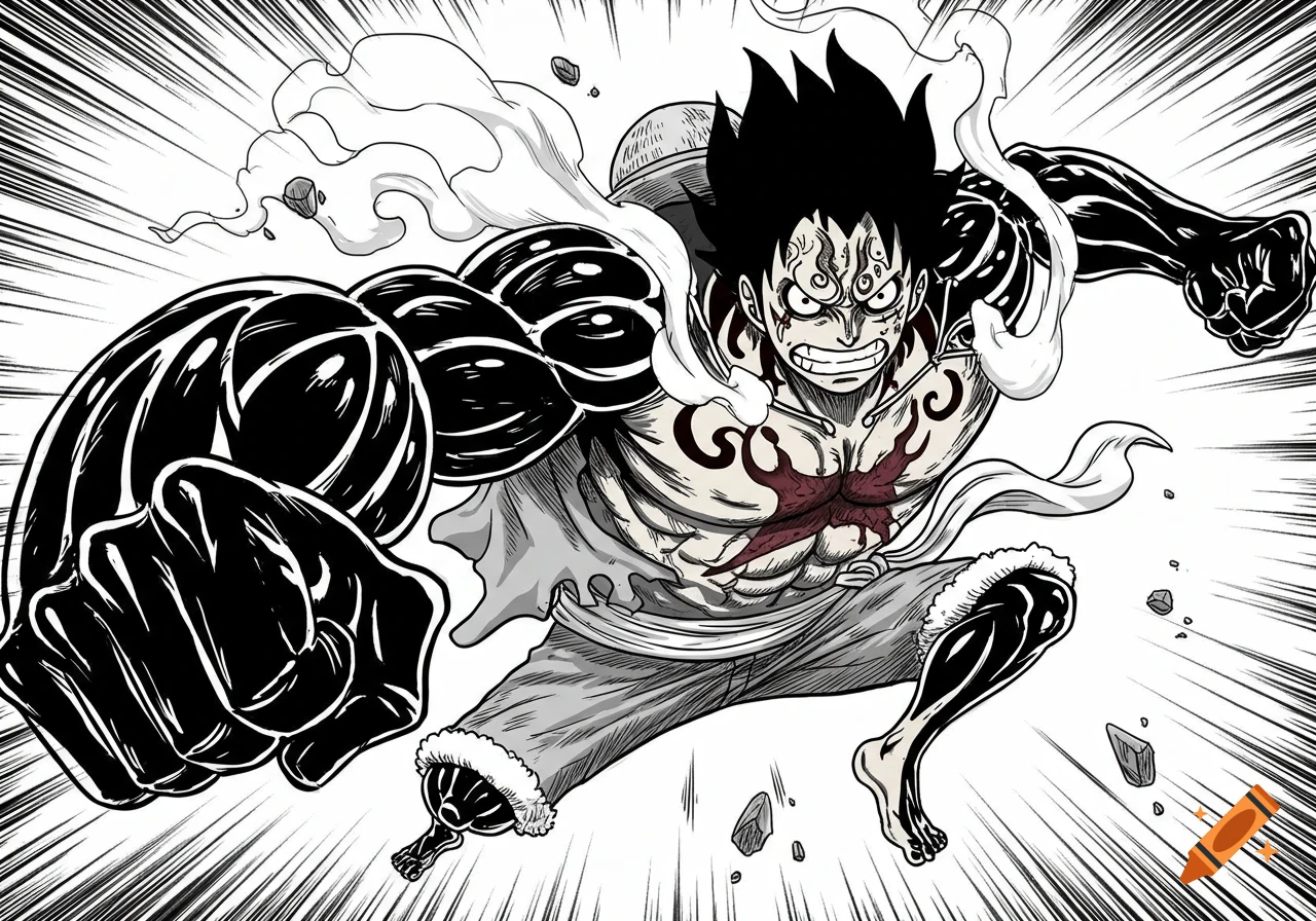 Black and white manga illustration of Luffy from One Piece in Gear 5 ...