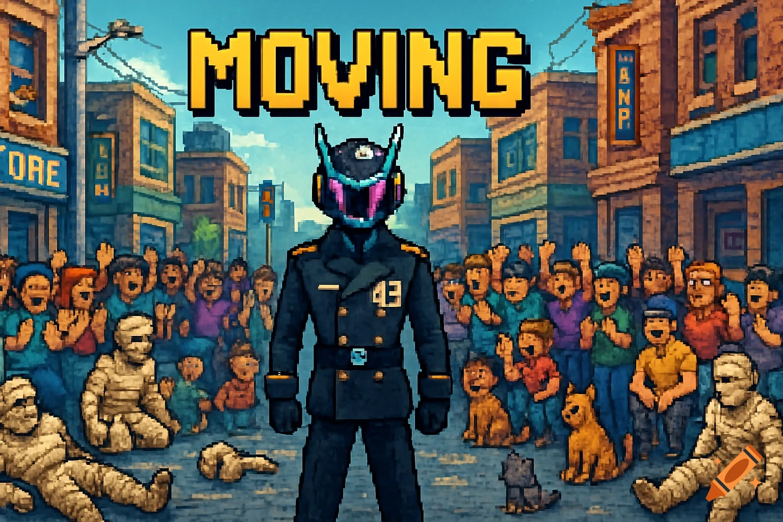 Melodart, a cybernetic musician in a black uniform, in a pixelated 8 ...