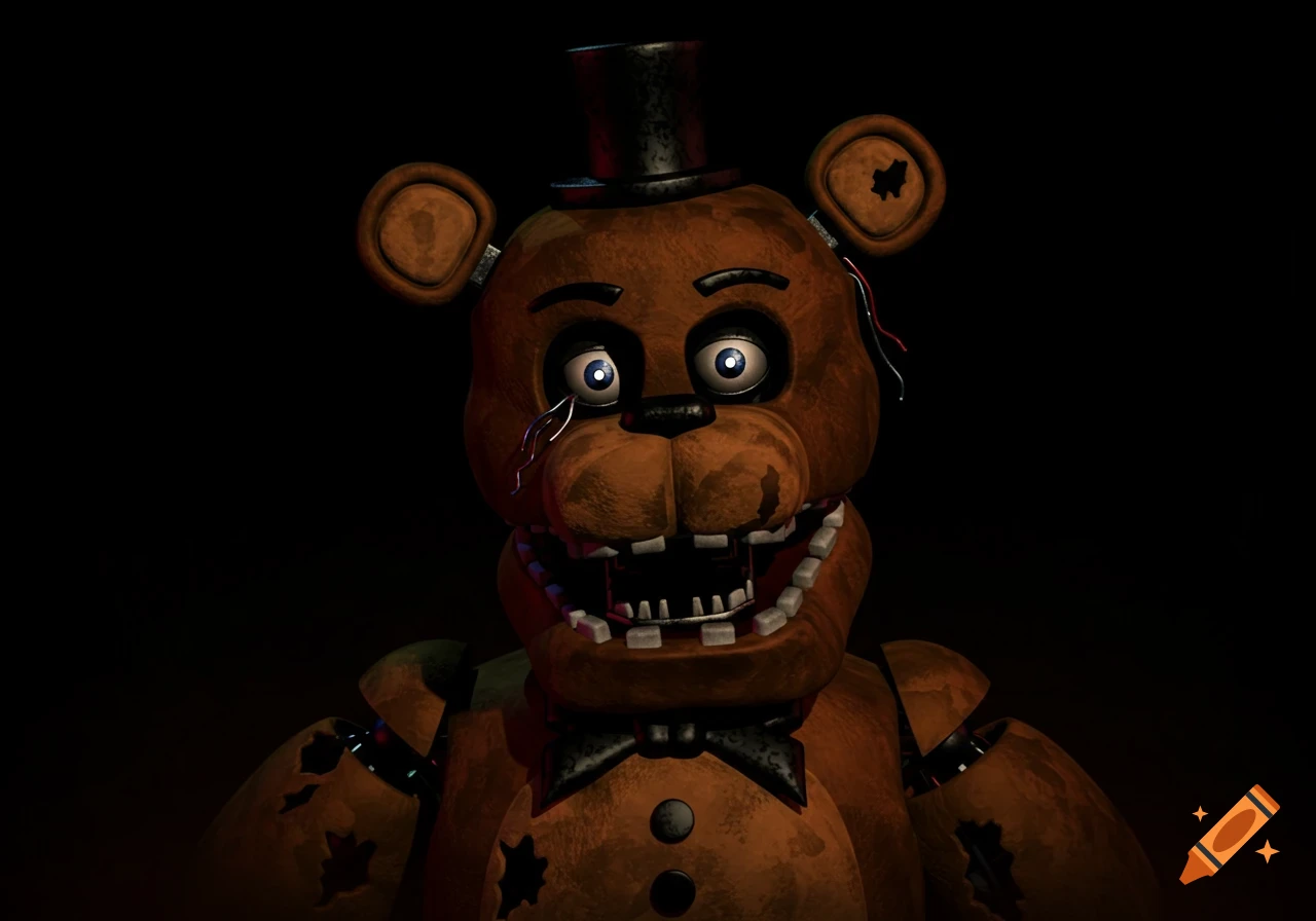 A brown animatronic bear named Freddy Fazbear is on a stage, holding a ...