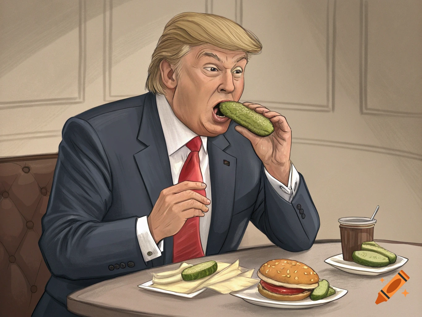 Illustration of Donald Trump smiling at a table with multiple ...