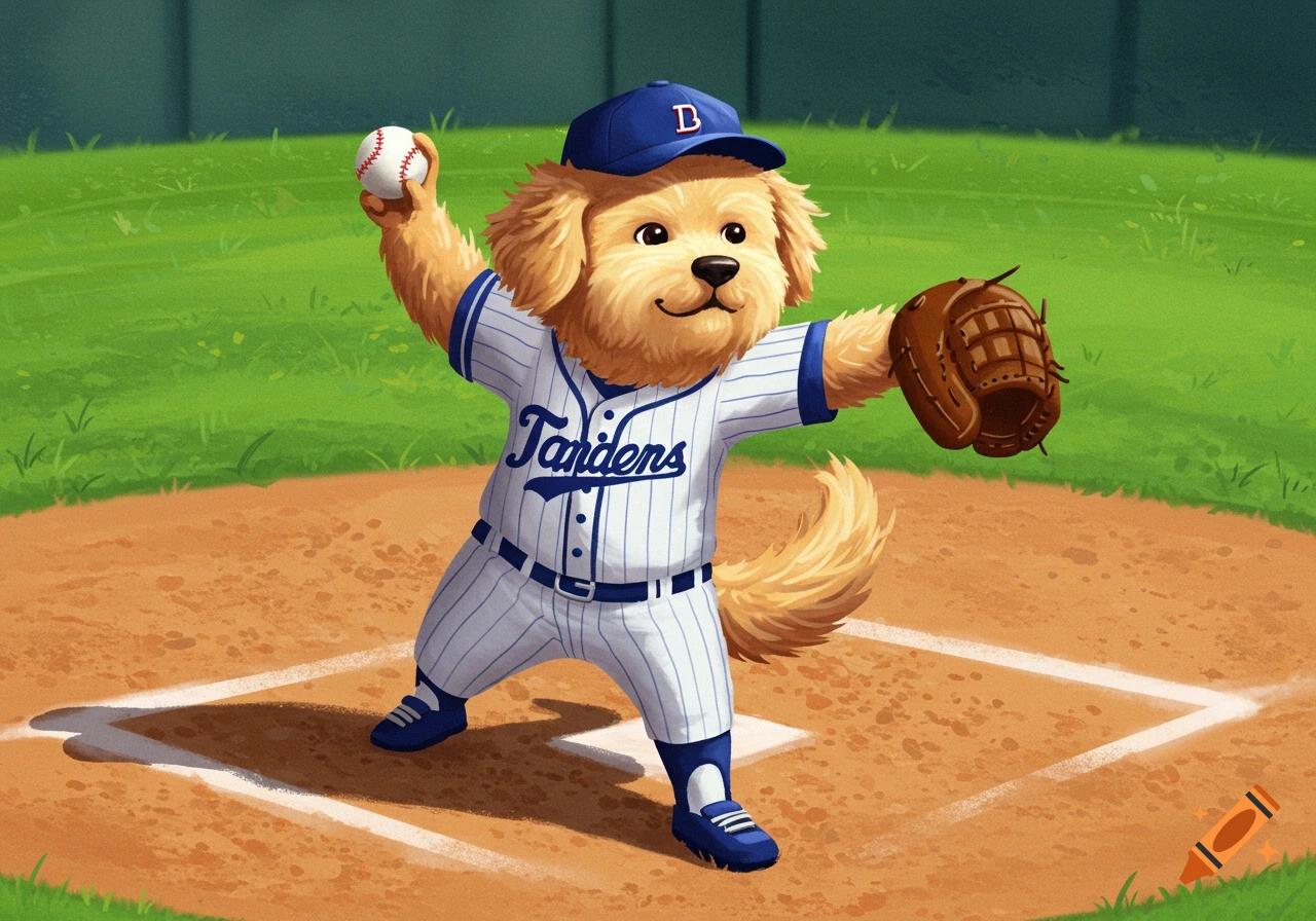 A cute dog in a baseball uniform pitching a ball. on Craiyon
