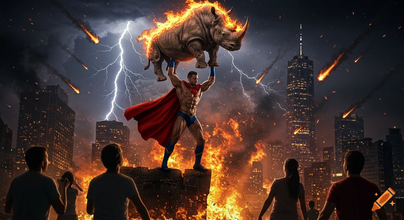 Superhero holding a flaming rhinoceros on a burning skyscraper at night ...