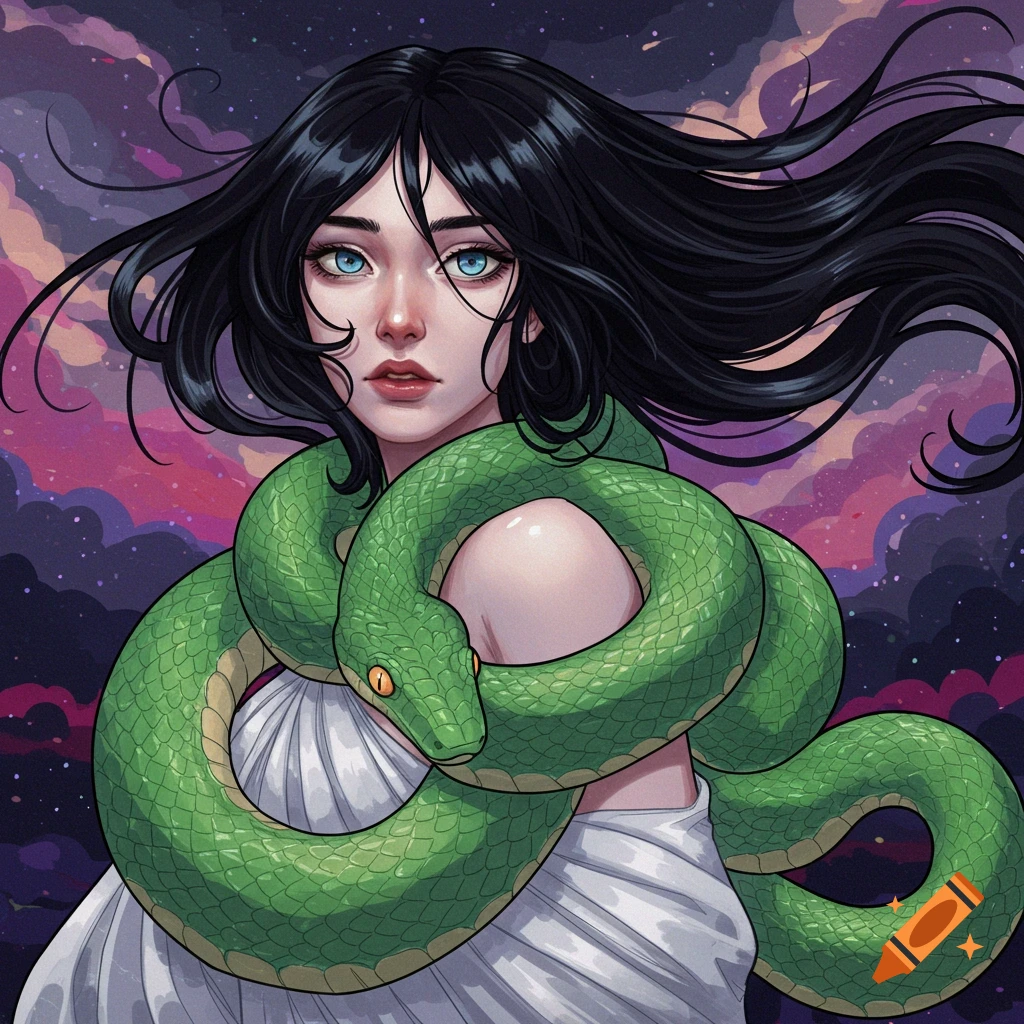 A woman with long dark hair, blue eyes, and a green snake coiled around ...