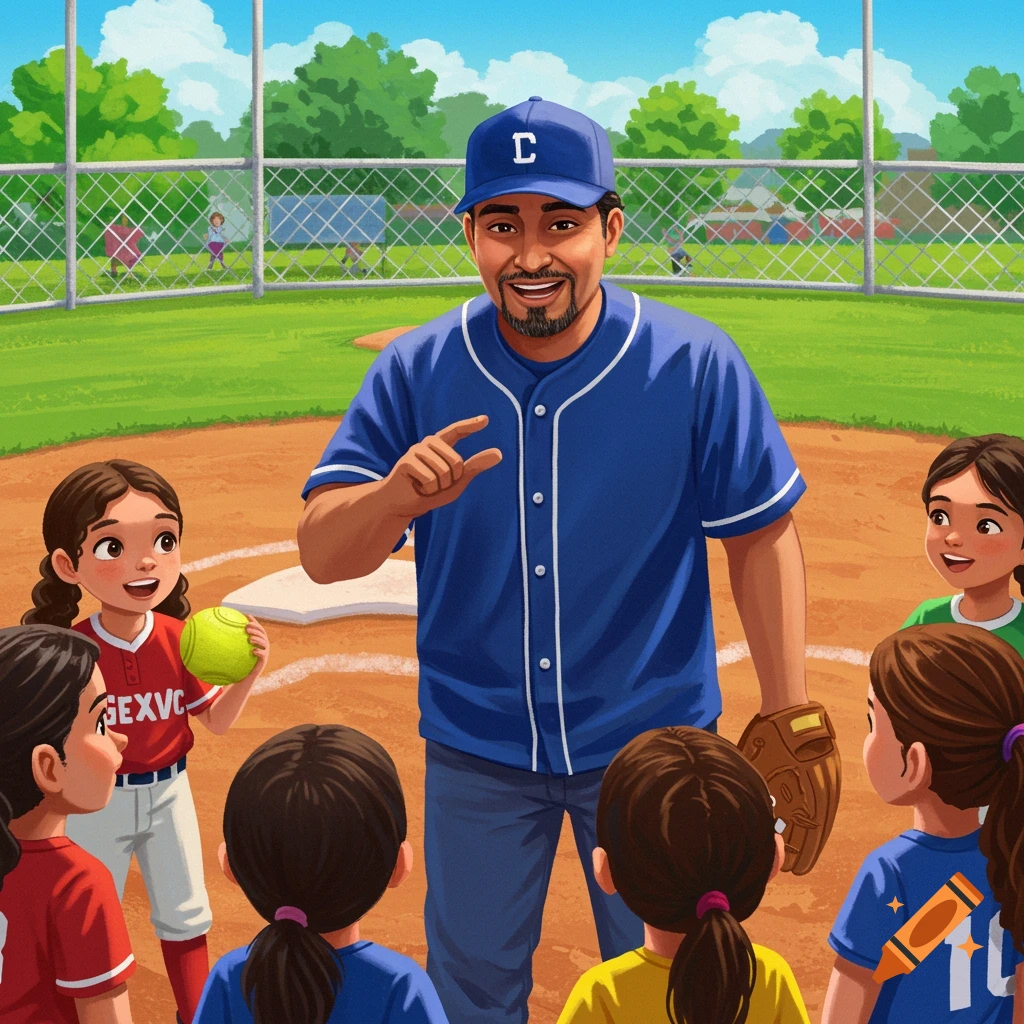 Little league coach coaching softball on Craiyon