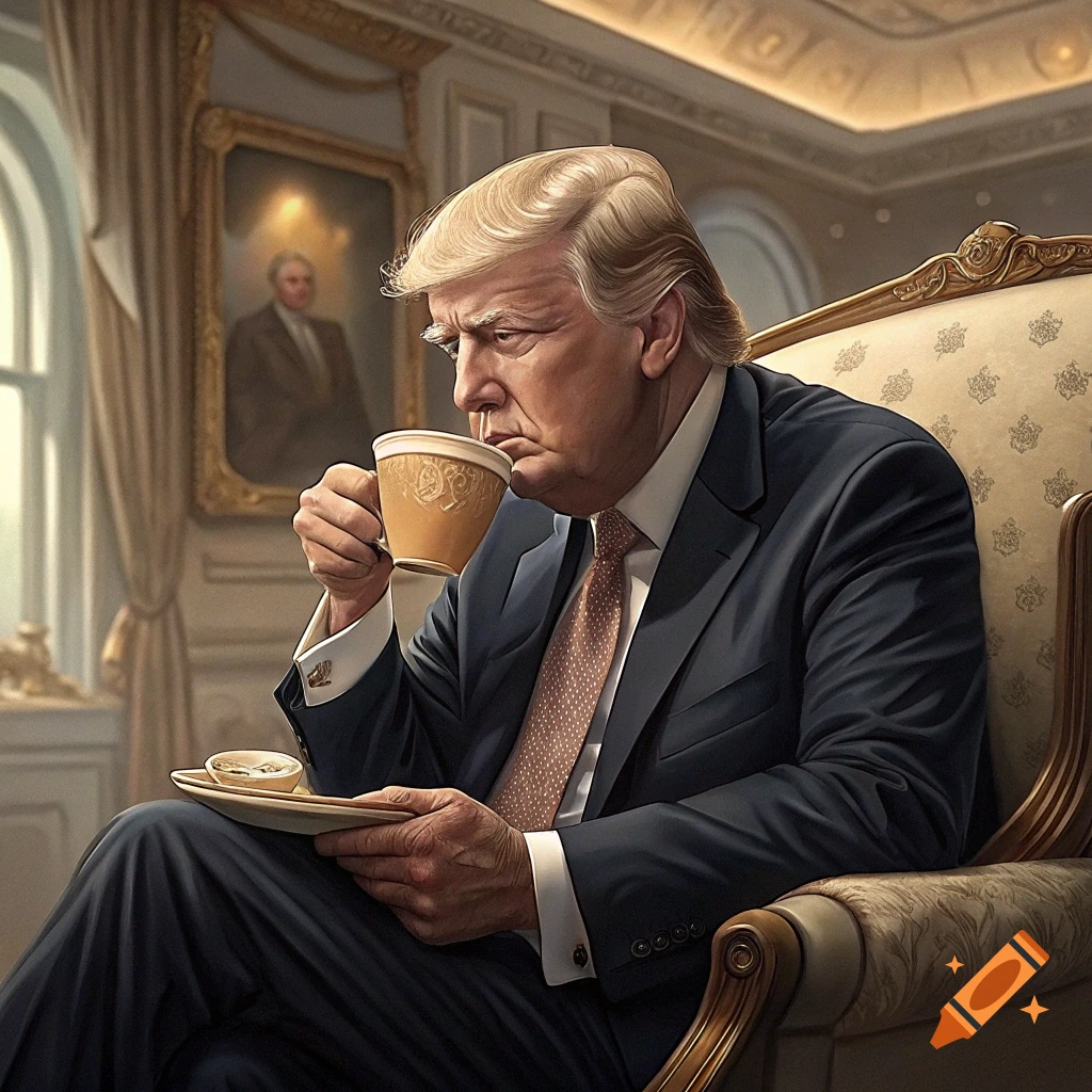 Donald Trump sitting in an ornate chair, drinking from a teacup in a ...