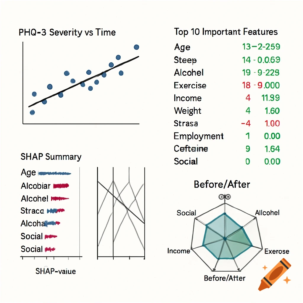 Dashboard visualization of PHQ-9 severity, key depression features ...