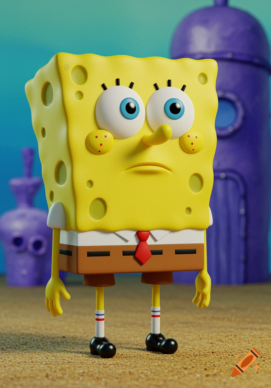 A 3D render of Spongebob SquarePants crying, with large tears streaming ...