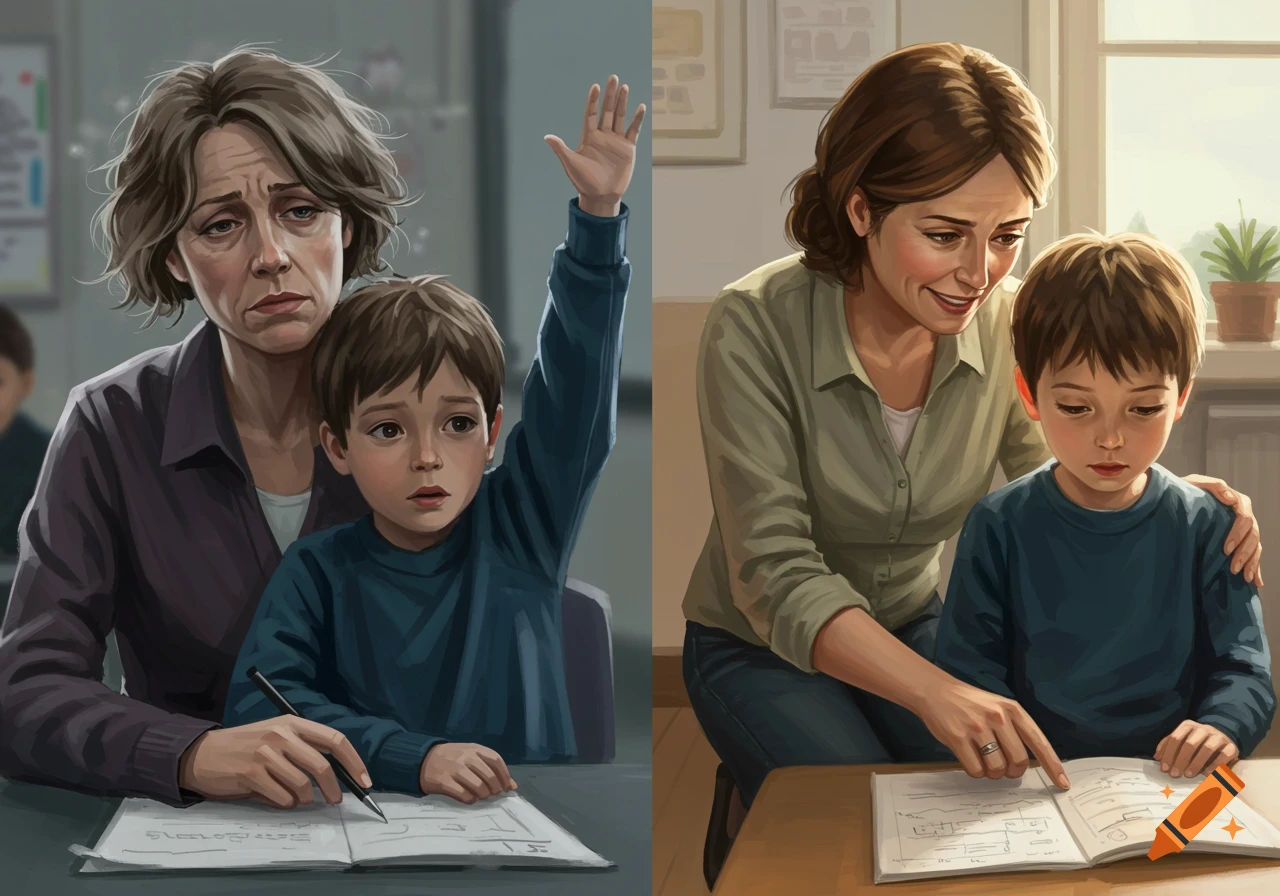 Teacher neglecting student vs. helping student illustration on Craiyon