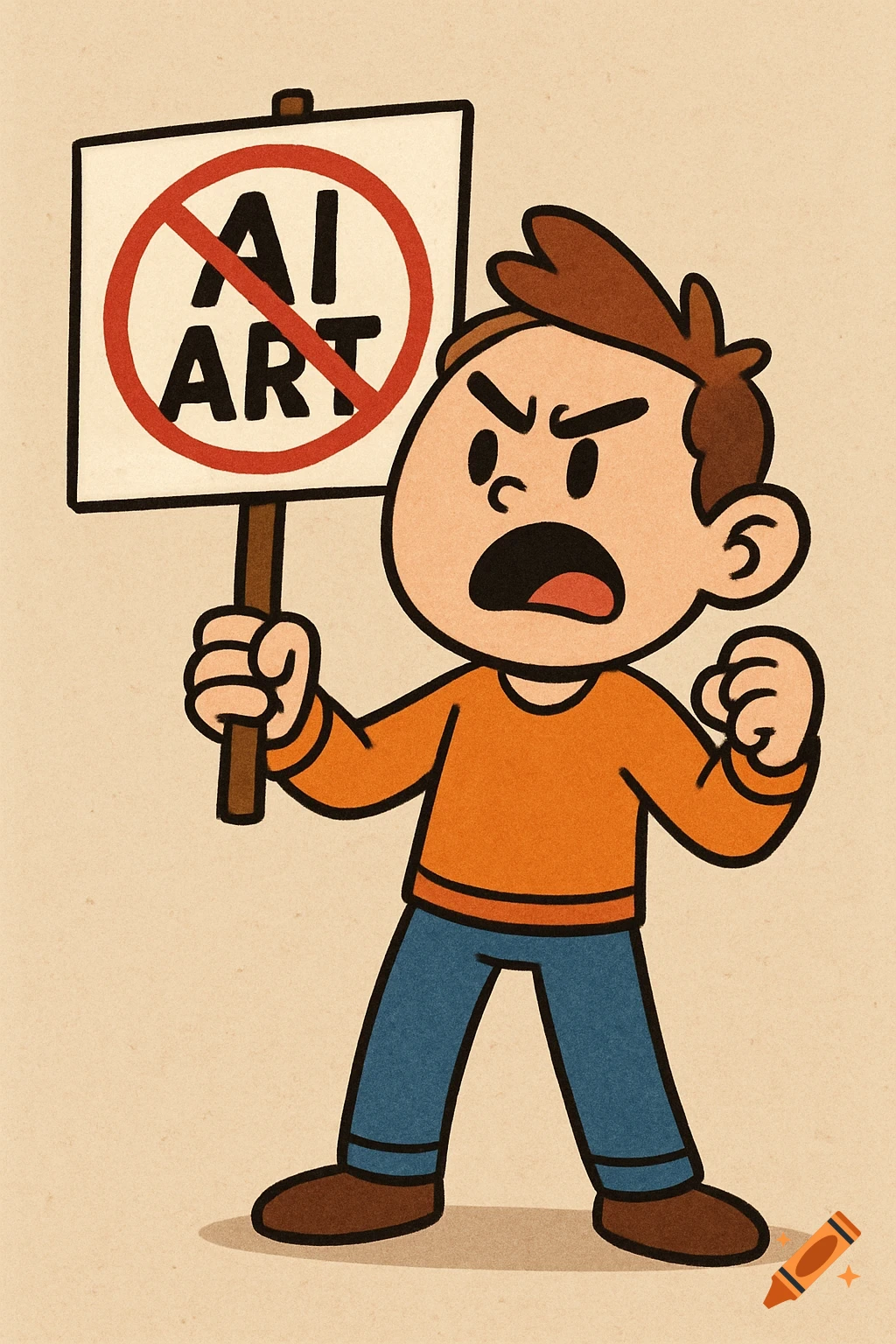 Cartoon character holding a sign that says 'No AI ART' and protesting ...