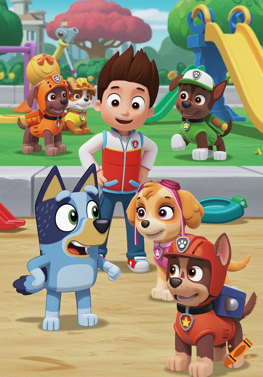 A group of animated Paw Patrol puppy characters, including Chase in the ...