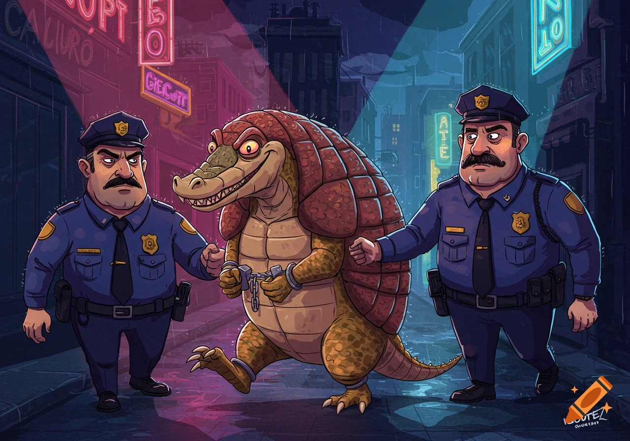 Cartoon of two police officers arresting a handcuffed armadillo-like ...