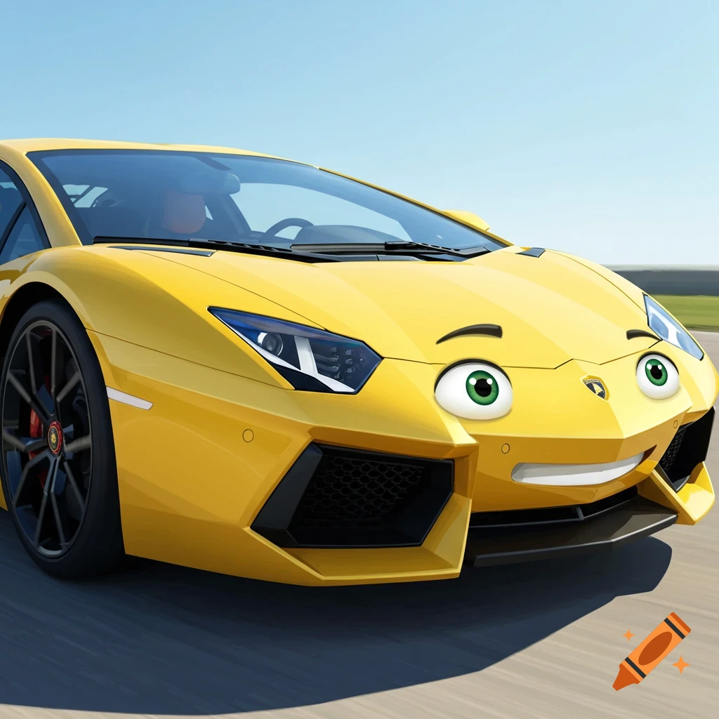 A yellow Lamborghini sports car with a green-eyed cartoon face on its ...