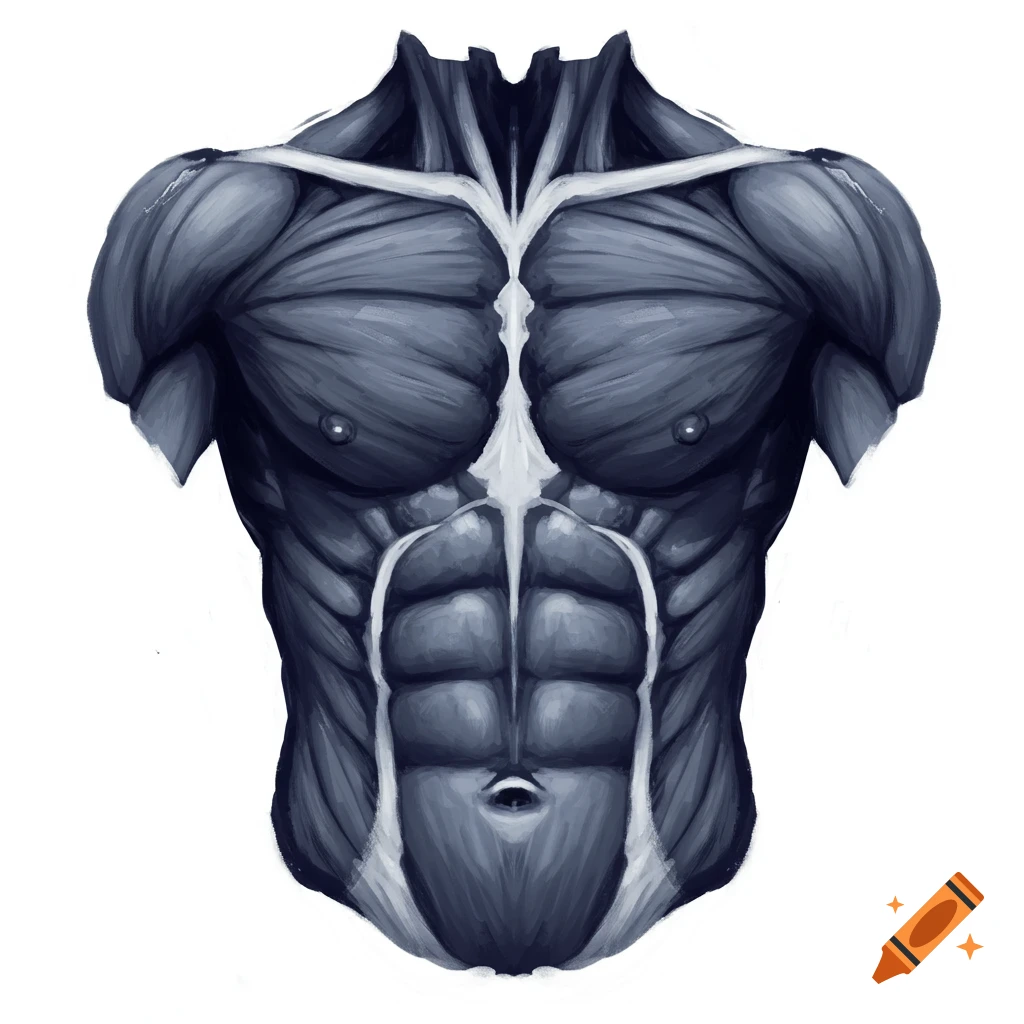 Close-up of a muscular male torso and shoulder against a grey ...