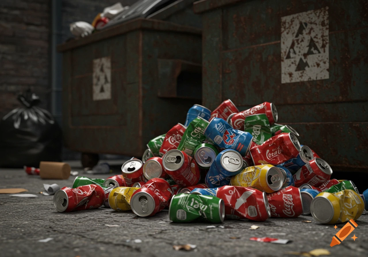 Pile of crumpled drink cans and trash near dumpsters on Craiyon