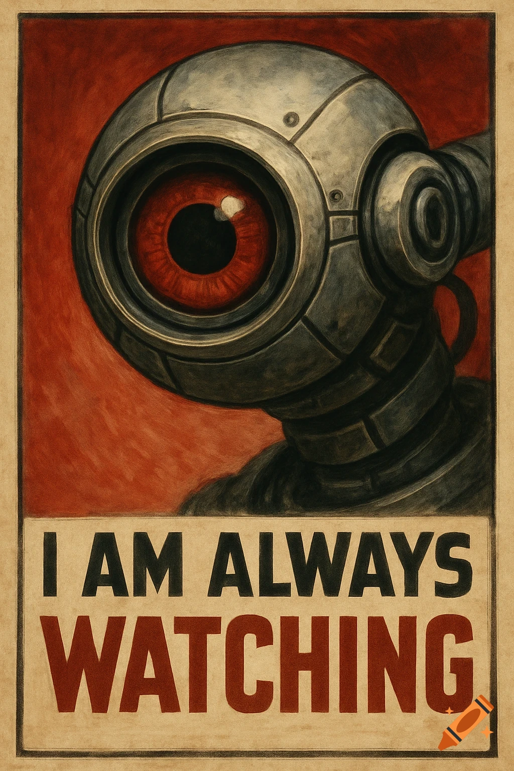 Propaganda poster with robotic eye and text: I am always watching on Craiyon