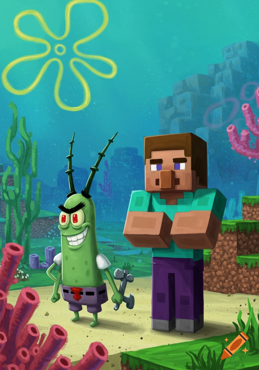 Plankton and Steve from Minecraft stand in an underwater Minecraft ...