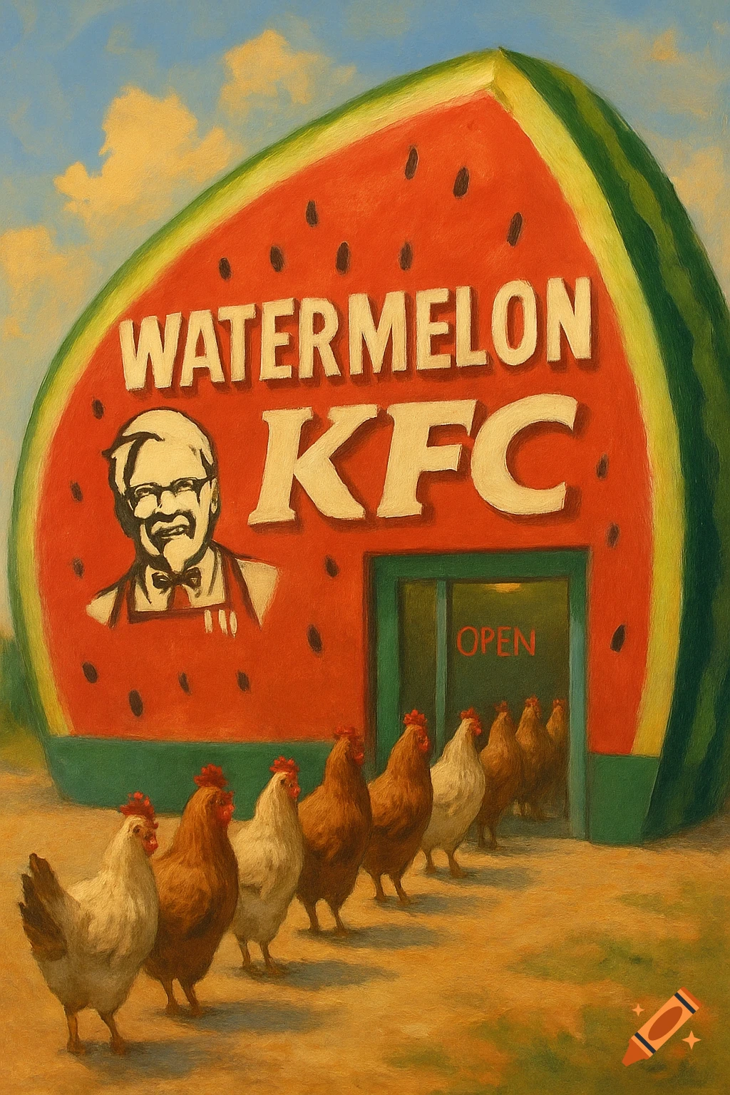 Watermelon-themed KFC with chicken lines at the entrance on Craiyon