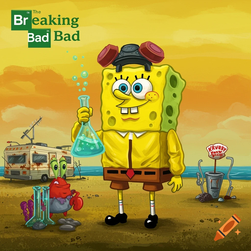 Spongebob and Mr. Krabs in a Breaking Bad parody. Spongebob wears a ...