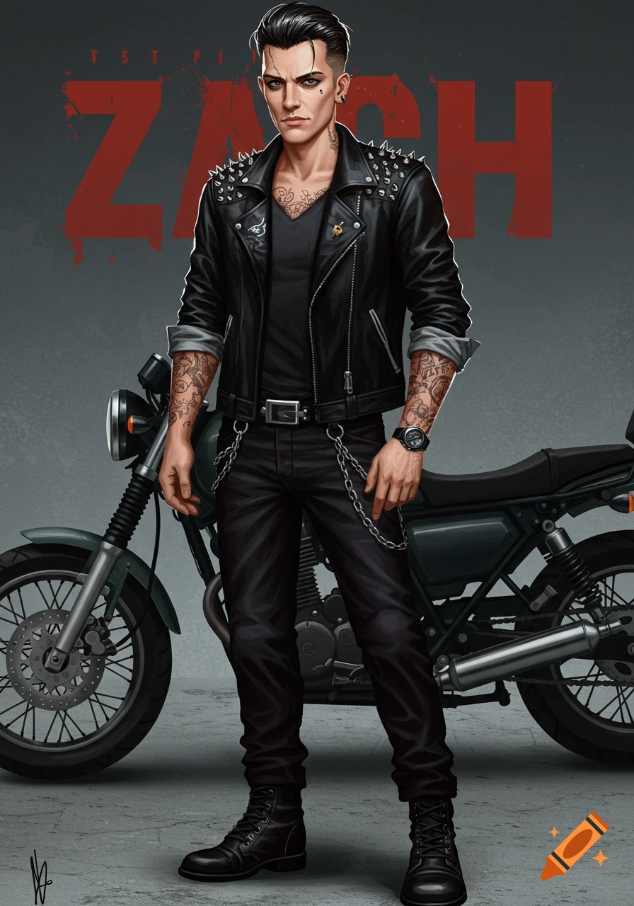 Character named Zach with spiked jacket and motorcycle, illustration ...