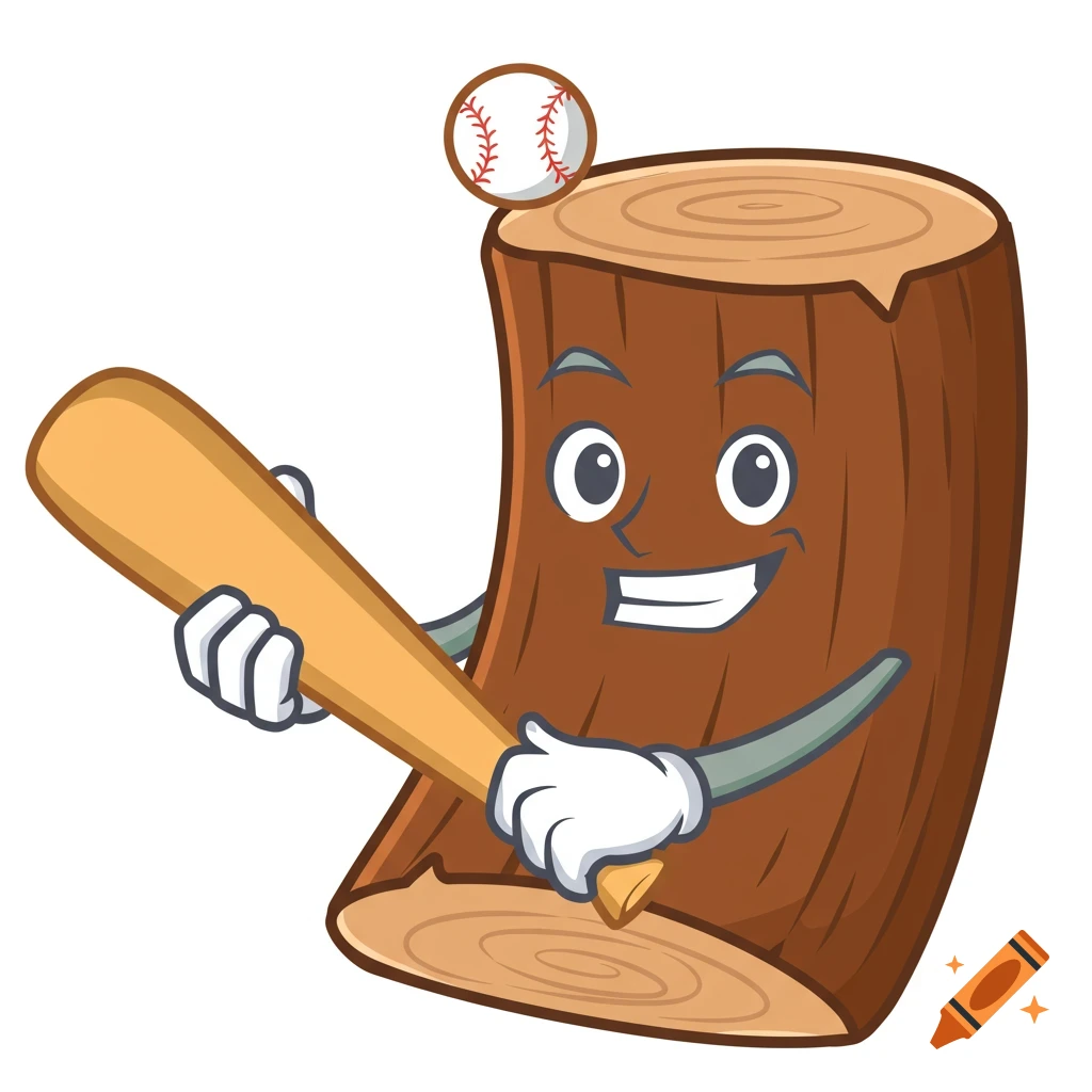 A cartoon tree stump character holding a baseball bat with a baseball ...