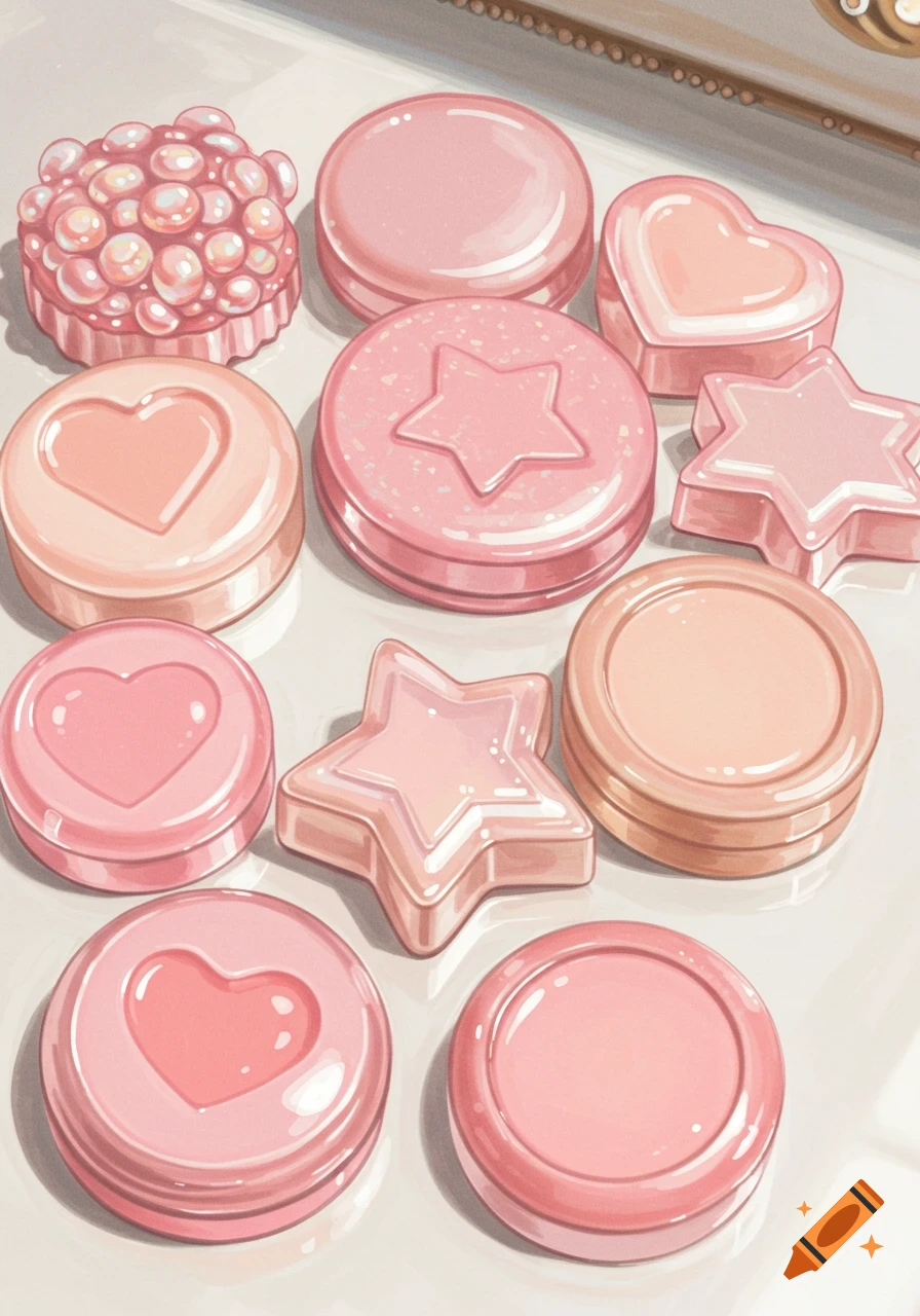 Pink makeup tokens in heart, star, and round shapes. on Craiyon