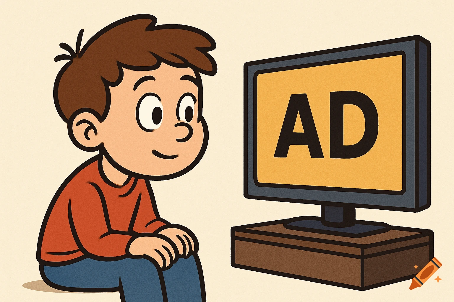 Cartoon illustration of a boy watching a TV screen that says AD. on Craiyon