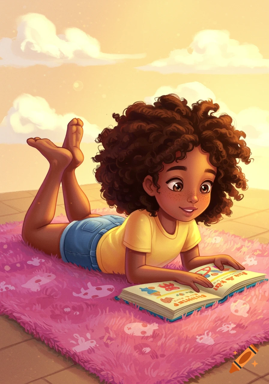 Cartoon girl with curly hair looking in a mirror. on Craiyon