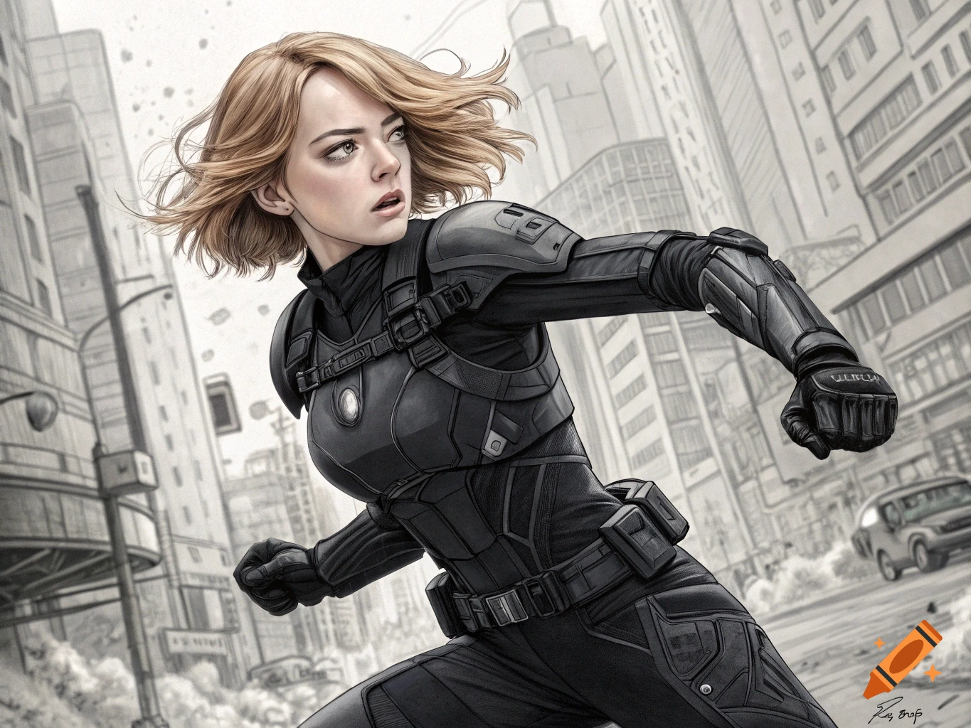 Emma Stone in black mecha suit, fight pose, anime art style. on Craiyon