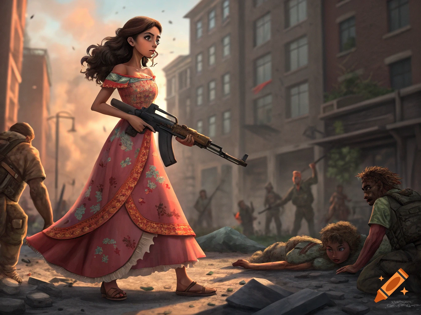 A sad girl sits on stone steps in a bustling, foggy historical market ...