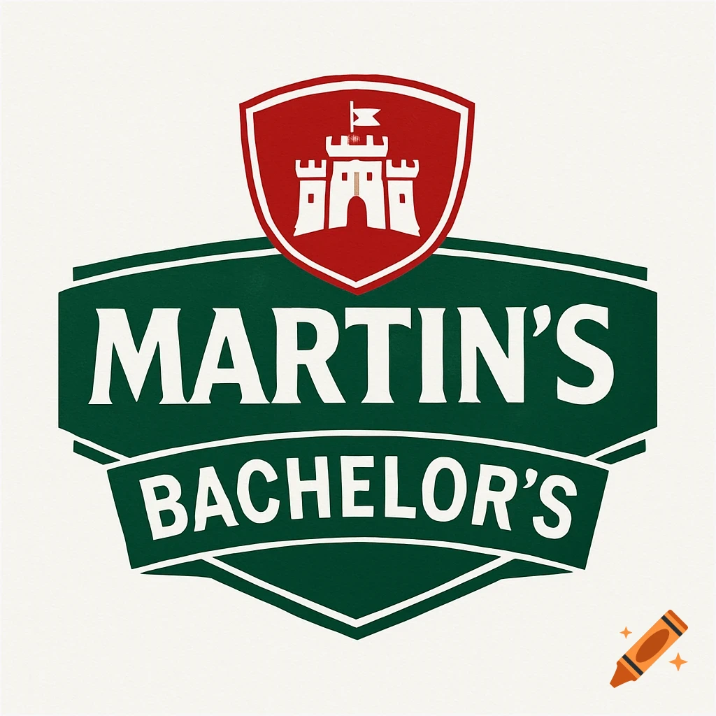 Logo with a red shield featuring a castle icon above a green banner ...