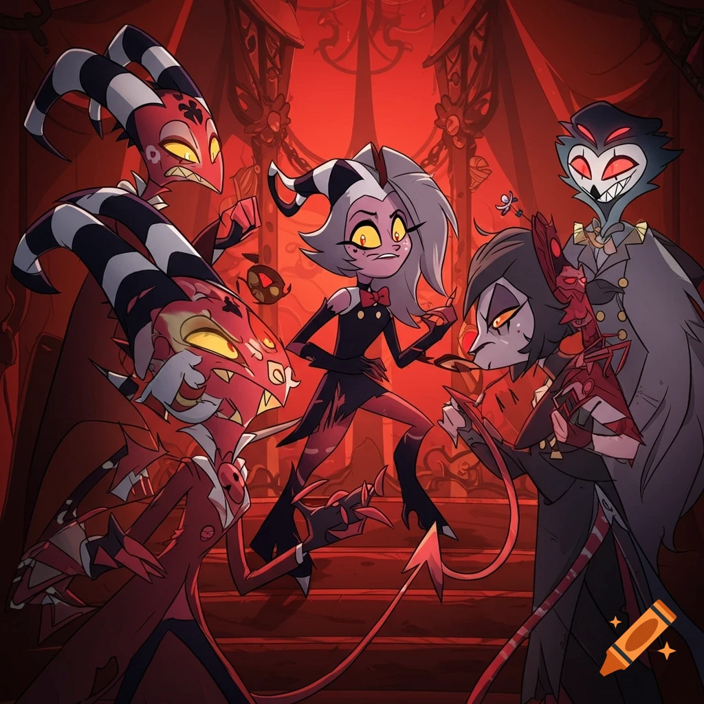 Animated characters from Helluva Boss in a dynamic pose against a red ...