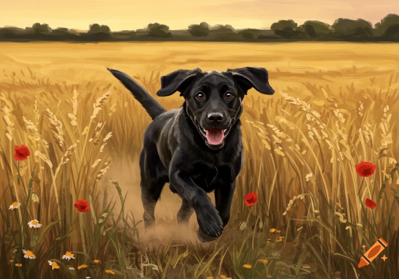Black lab puppy running in field on Craiyon