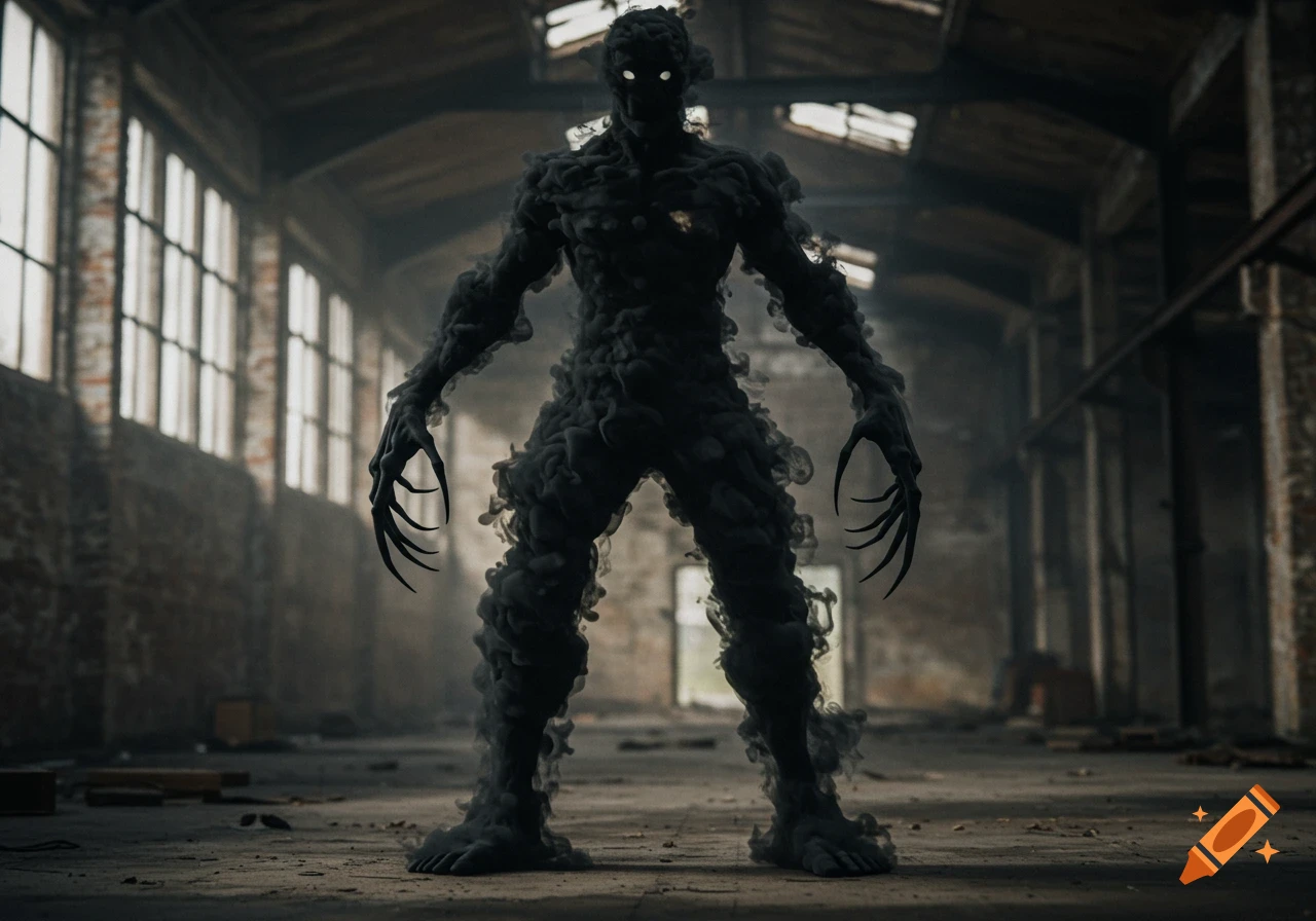 Photorealistic 7-foot humanoid made of black swirling smoke with claws ...