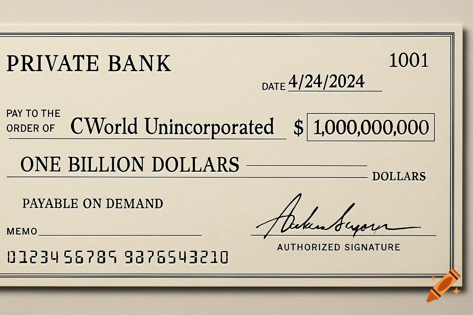 A check for one billion dollars from Private Bank, payable to CWorld ...