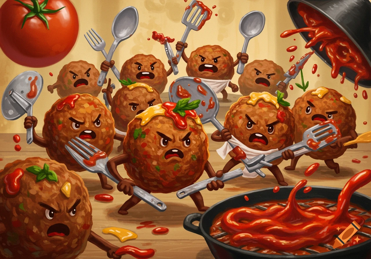 Cartoon meatballs with angry faces hold kitchen utensils like weapons ...