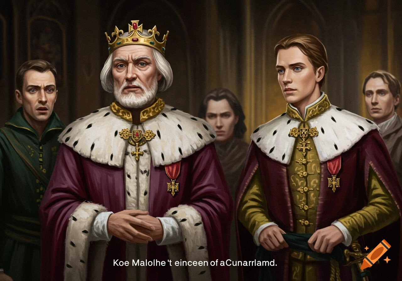 King Duncan names Malcolm Prince, Macbeth looks on, illustration on Craiyon