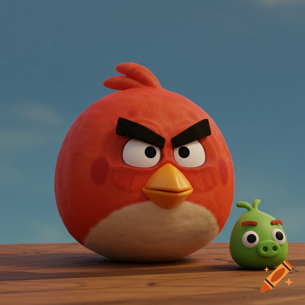 A large red Angry Bird stands next to a small green pig on a wooden ...