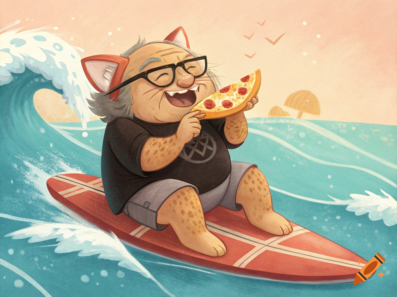 Cartoon illustration of a man with cat ears surfing a wave while eating ...