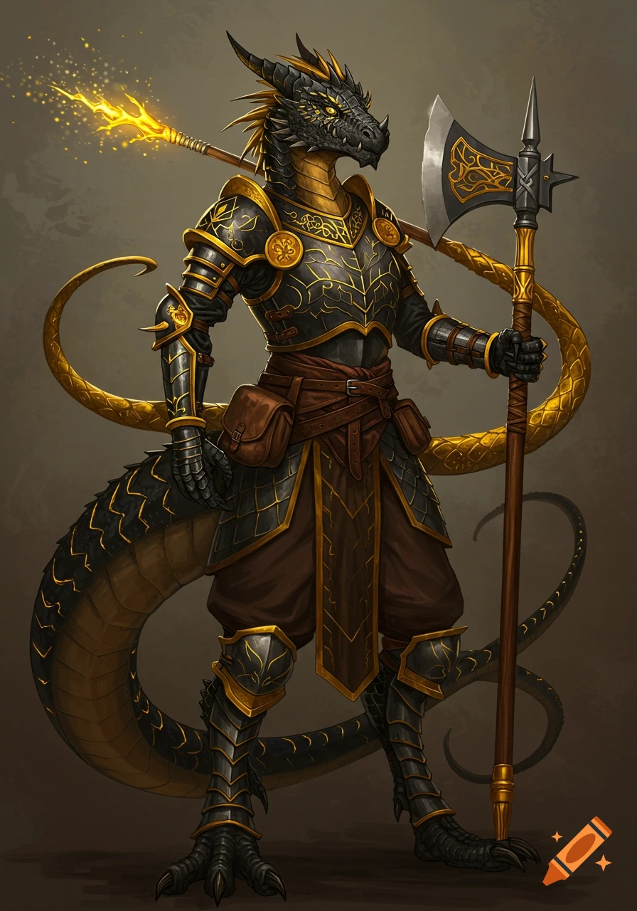 A dragonborn warrior in black and gold armor holding a great axe. on ...