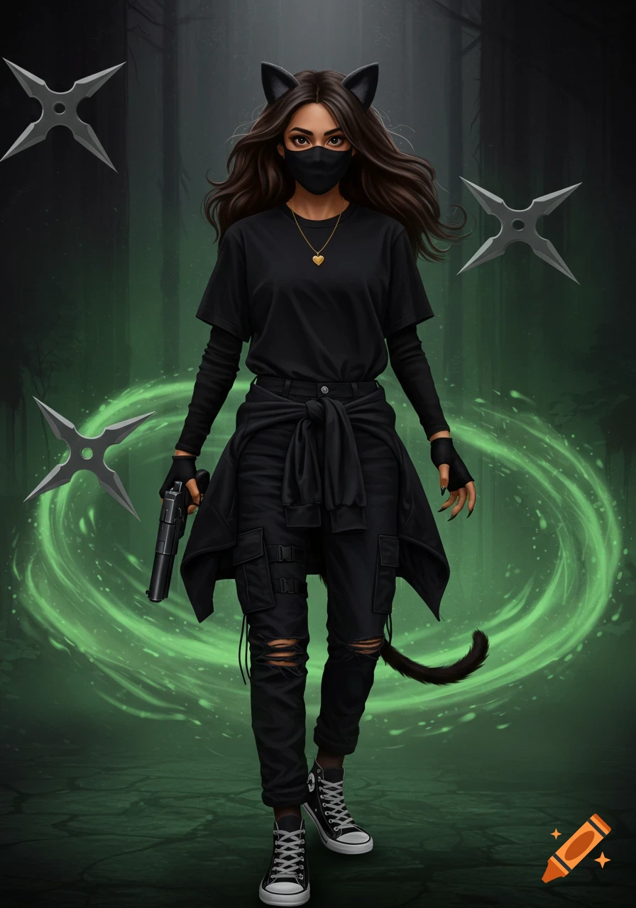 Spy singer with cat features in a misty, ninja star-filled background ...