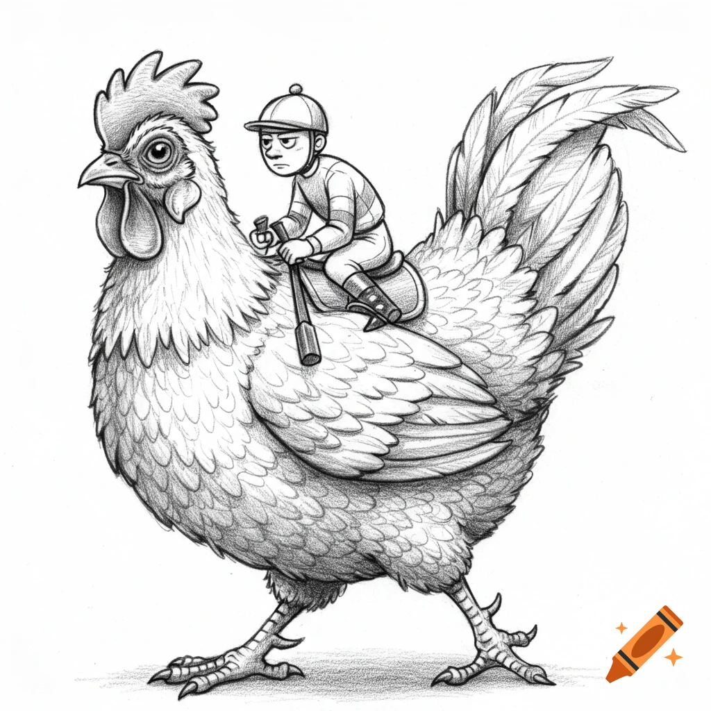 Pencil drawing of a small jockey riding on the back of a large chicken ...