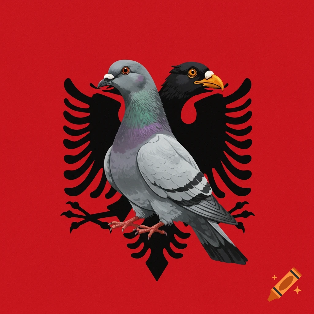 A pigeon and a black bird are depicted over a black double eagle symbol ...