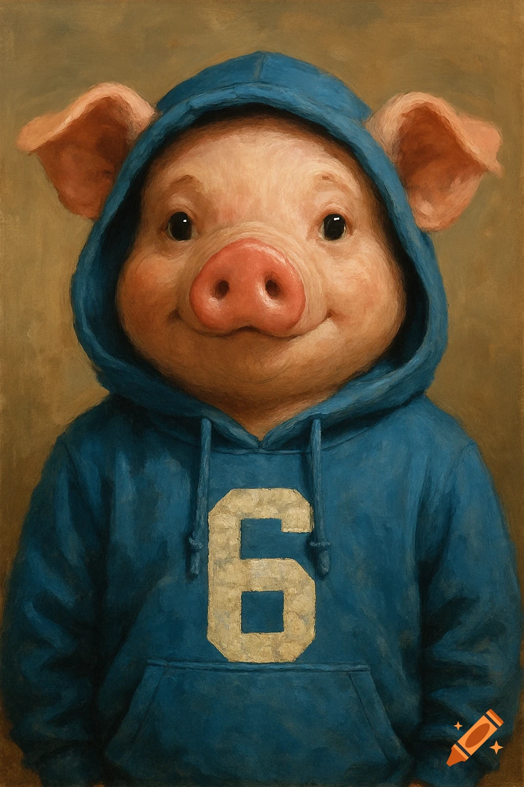 A smiling pig in a blue hoodie with the number 6 on Craiyon