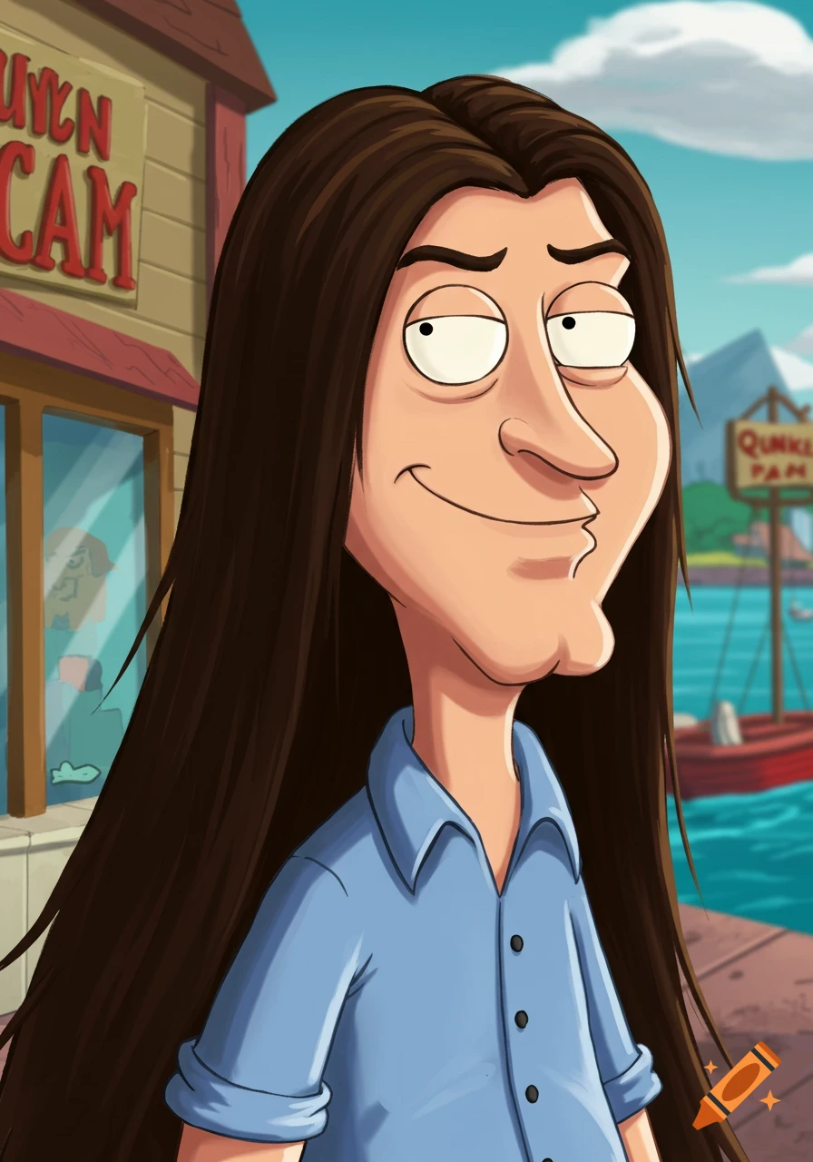 A cartoon portrait of Quagmire from Family Guy with long hair, standing ...