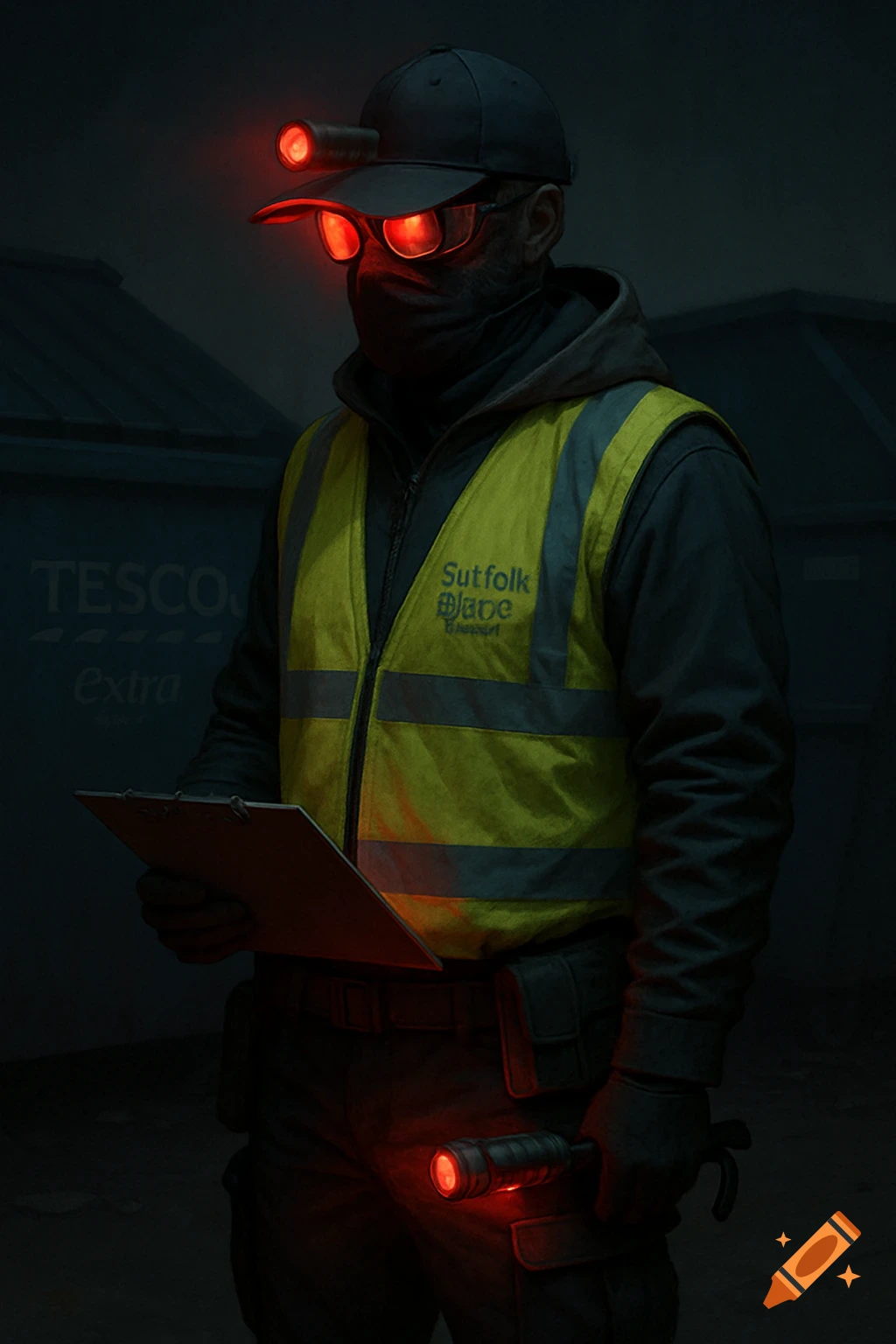 Urban stealth operative at night with red lighting on Craiyon