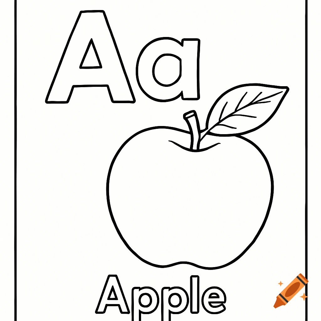 Black and white coloring page with uppercase and lowercase A, an apple ...