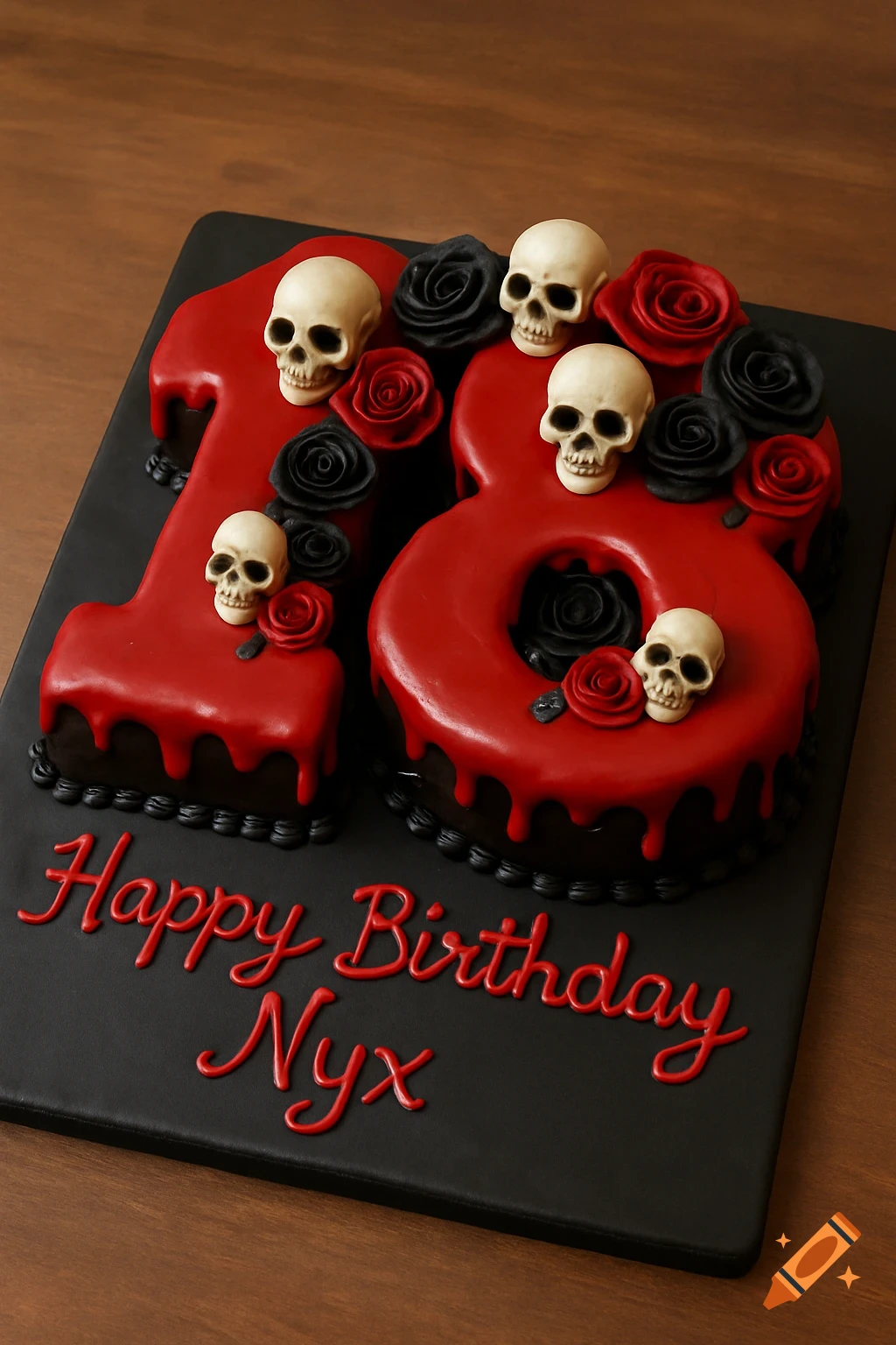 Number 18 cake with black piping, red icing, fondant skulls, and roses ...